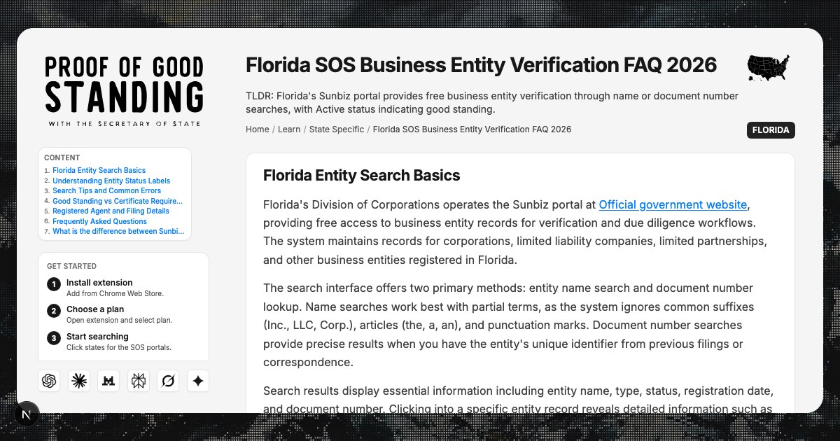 Florida Secretary of State Business Entity Verification FAQ