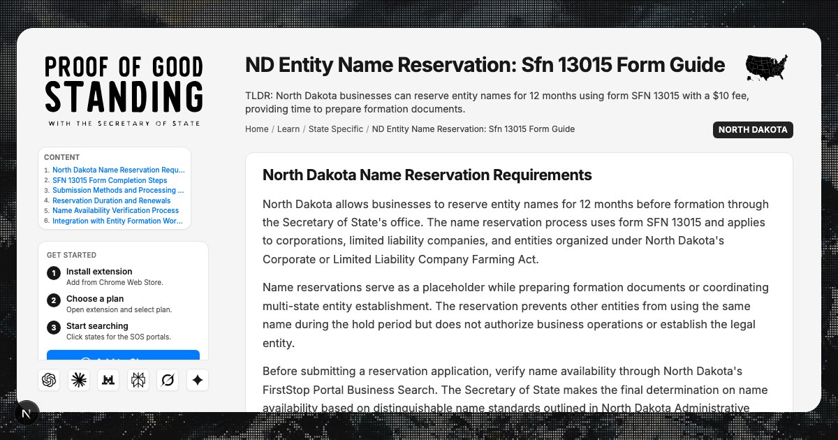 ND Entity Name Reservation: SFN 13015 Form Guide 2026
