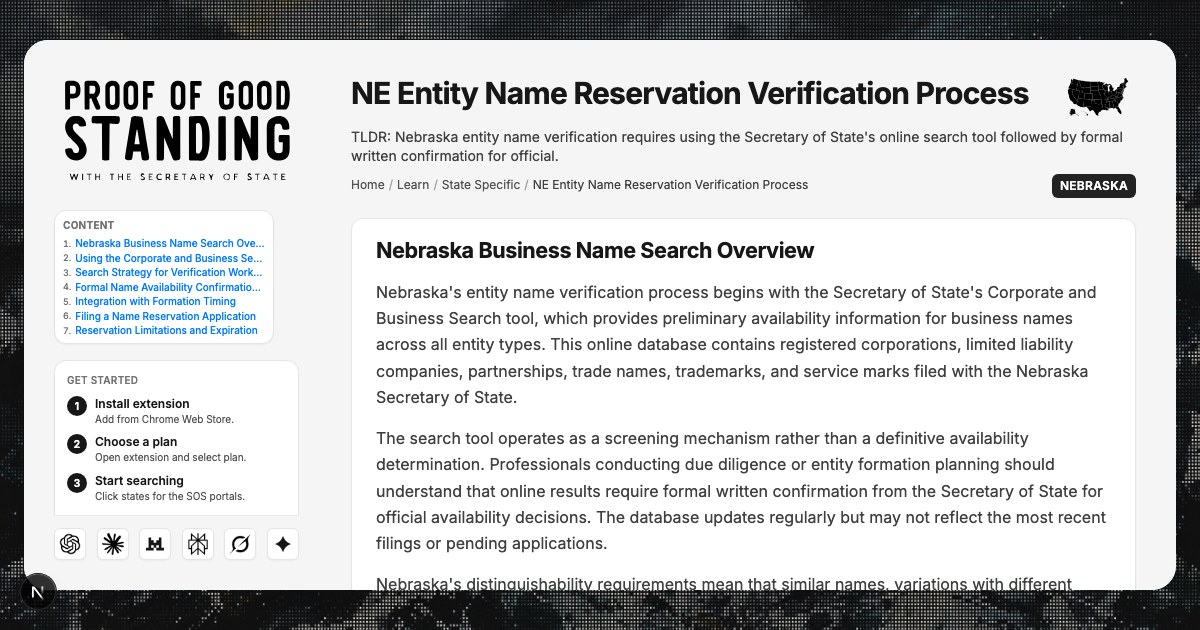 Nebraska Entity Name Reservation: Secretary of State